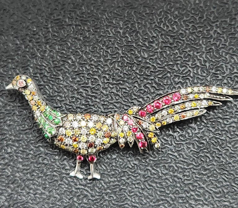 Peacock Shaped Fancy Colored Brooch For Sale at 1stDibs