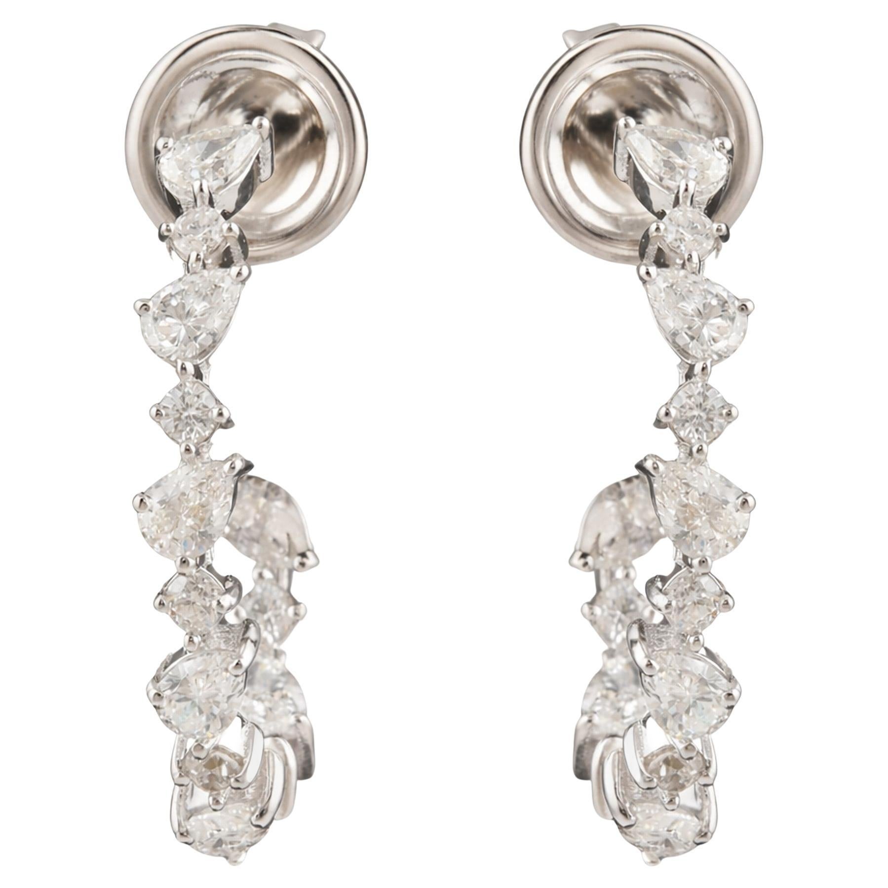 Pear and Round Cut Genuine 2.99 Ct Diamond Hoop Earings 18k White Gold ...