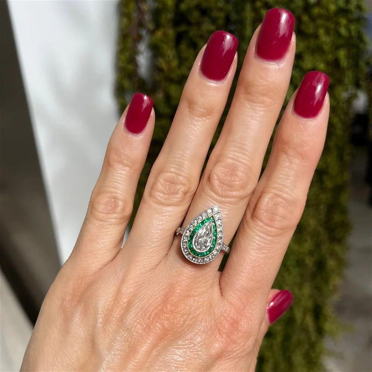 Pear Antique Diamond and Emerald Vintage Platinum Cocktail Ring For ...