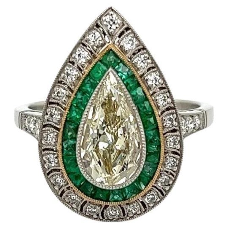 Pear Antique Diamond and Emerald Vintage Platinum Cocktail Ring For ...