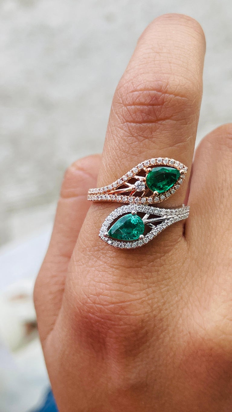 Customizable Pear Cut Emerald Wedding Ring with Diamond in 14K Yellow ...