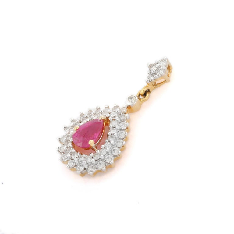 Pear Cut Ruby Halo Diamond Dangling Pendant Studded in 18K Solid Yellow ...