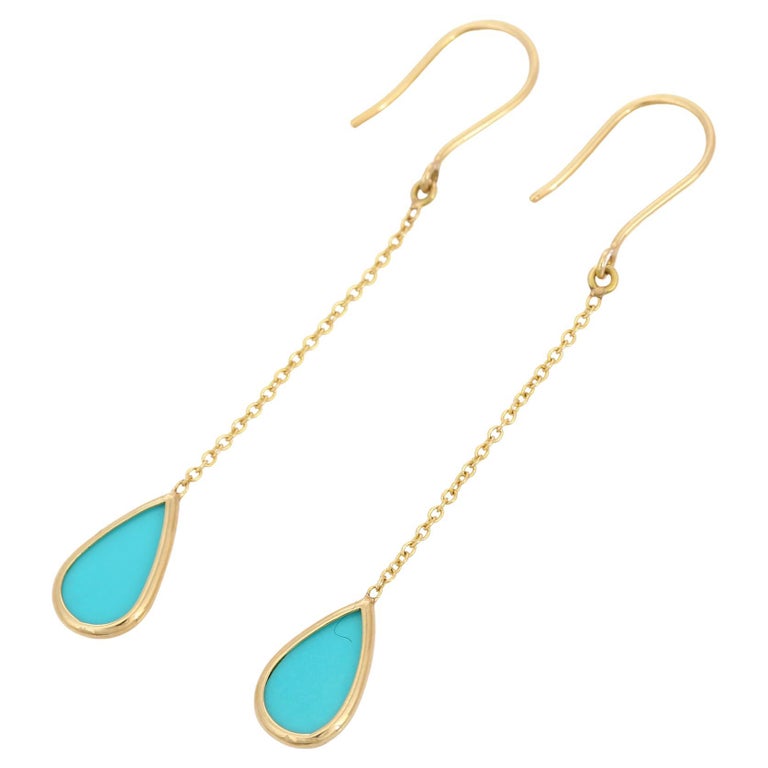 Turquoise Dangle Drop Earrings in 18 Karat Yellow Gold, Turquoise Chain ...