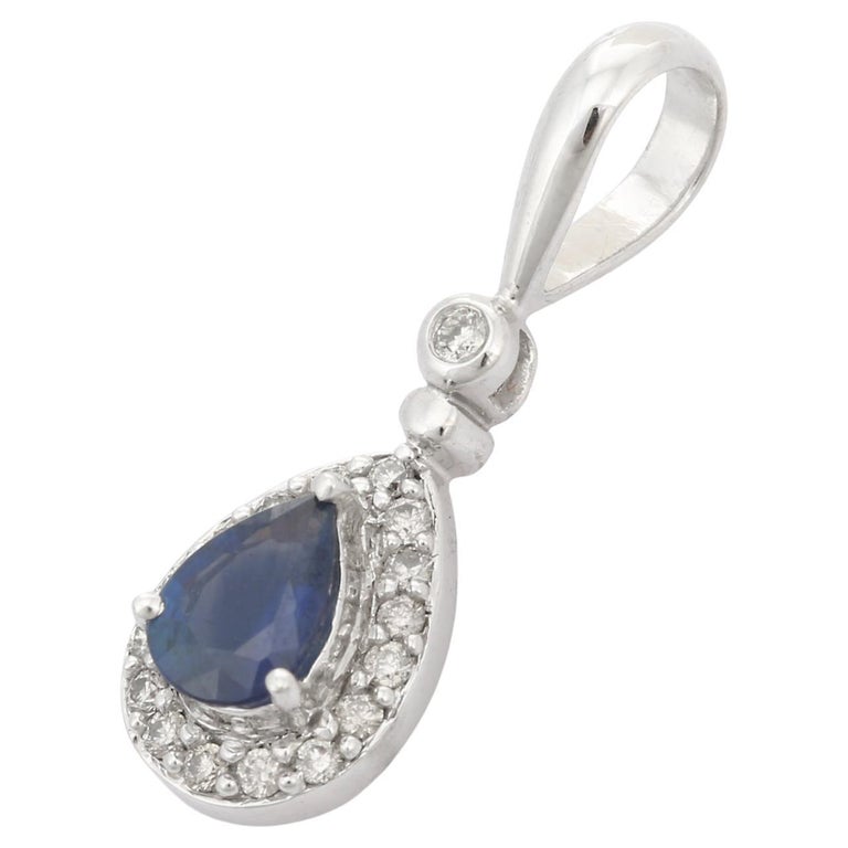 Pear Cut Vivid Blue Sapphire Diamond Pendant Necklace in 18K White Gold For Sale at 1stDibs