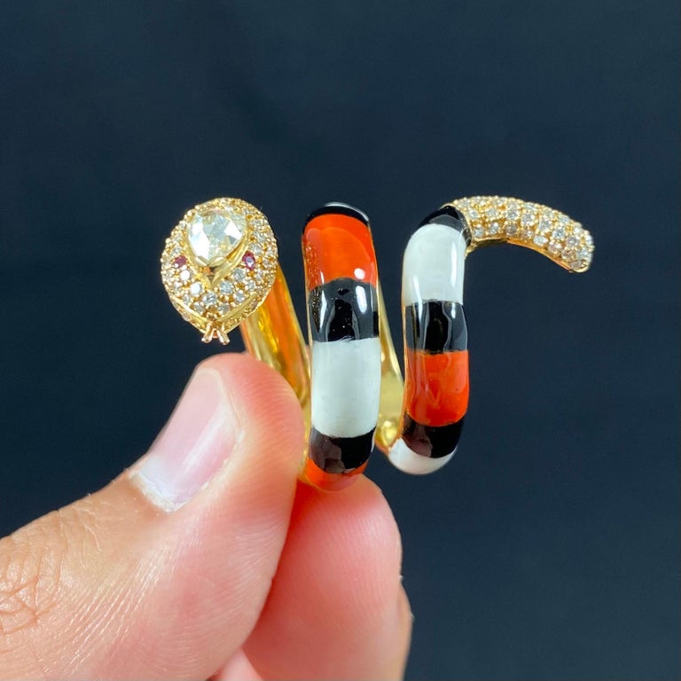 Pear Diamond Orange Black White Enamel Coiled Serpent Snake Ring Yellow ...