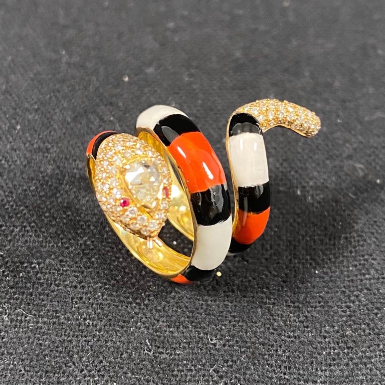 Pear Diamond Orange Black White Enamel Coiled Serpent Snake Ring Yellow ...