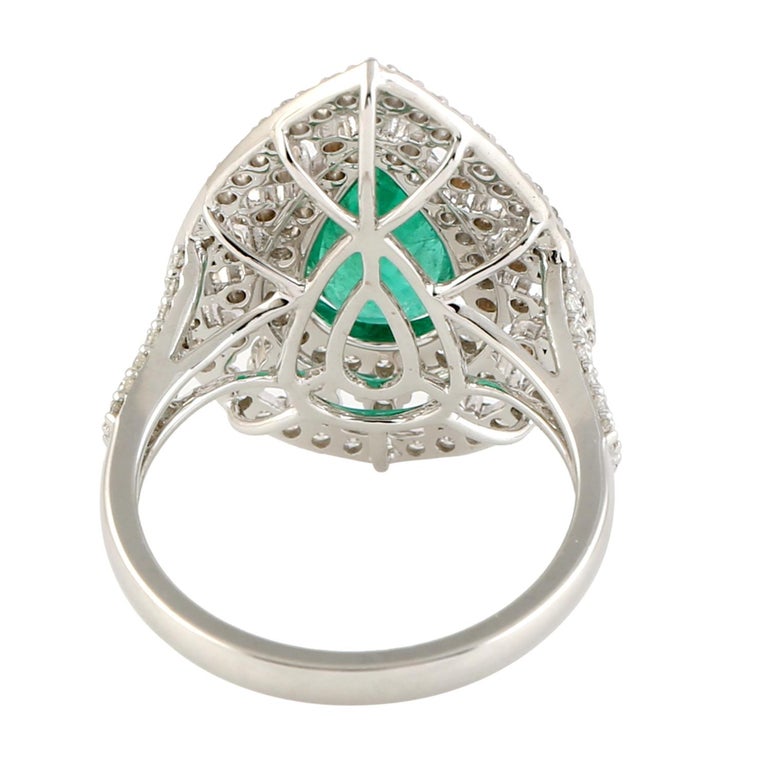 Pear Drop Shaped Green Emerald Ring with Halo Diamonds Made in 18k ...