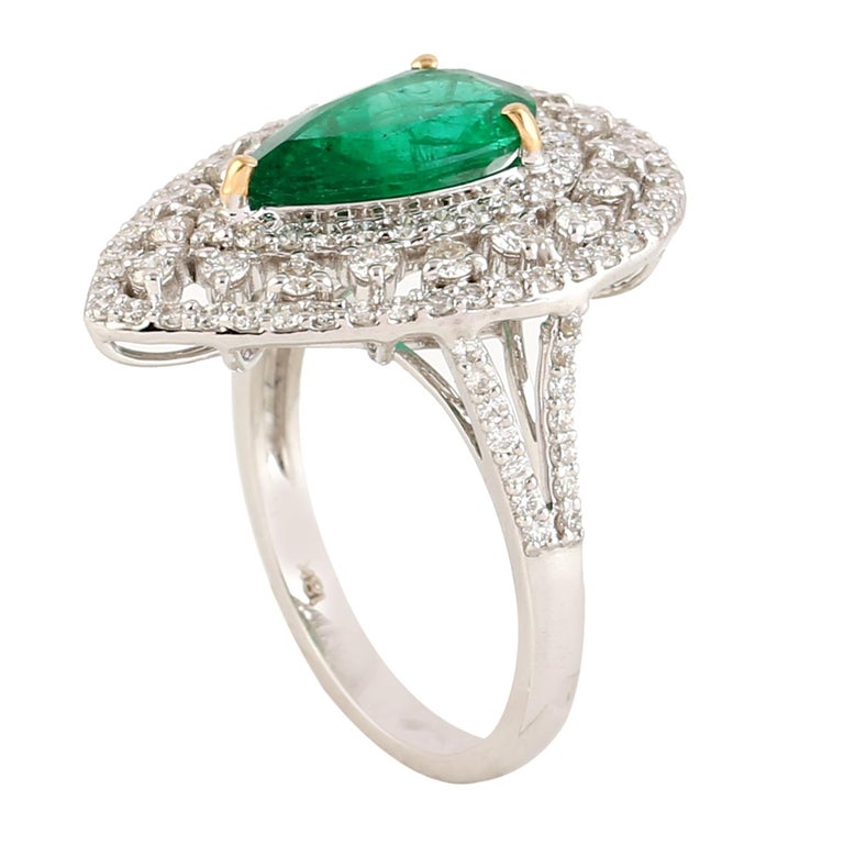 Pear Drop Shaped Green Emerald Ring with Halo Diamonds Made in 18k ...