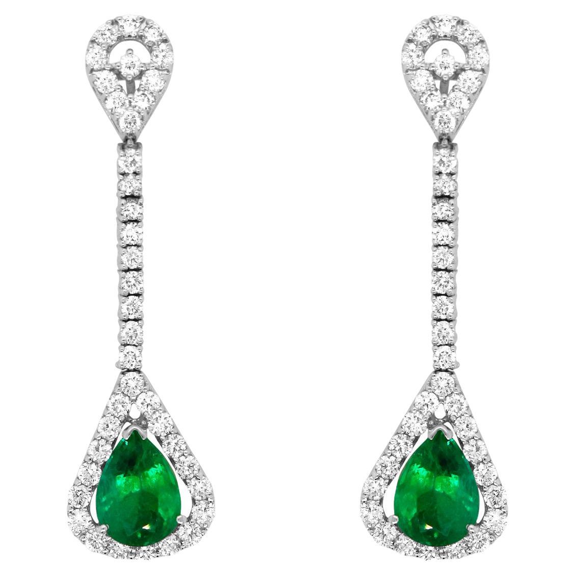 Pear Shaped Emerald Diamond White Gold Drop Earrings at 1stDibs