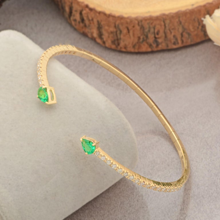 Pear Emerald Gemstone Cuff Bangle Bracelet Diamond Pave Solid 18k Yellow Gold For Sale at 1stDibs