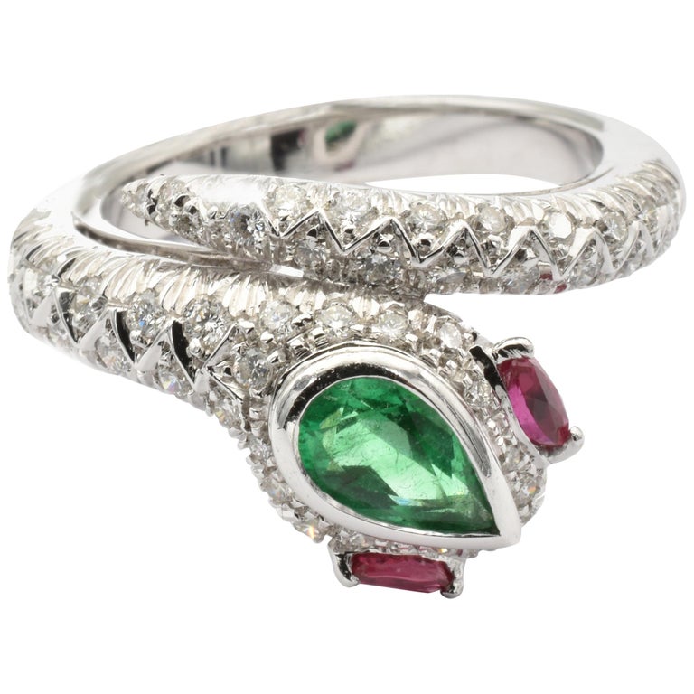 Pear Emerald, Rubies and Diamonds White Gold Snake Ring Made in Italy ...