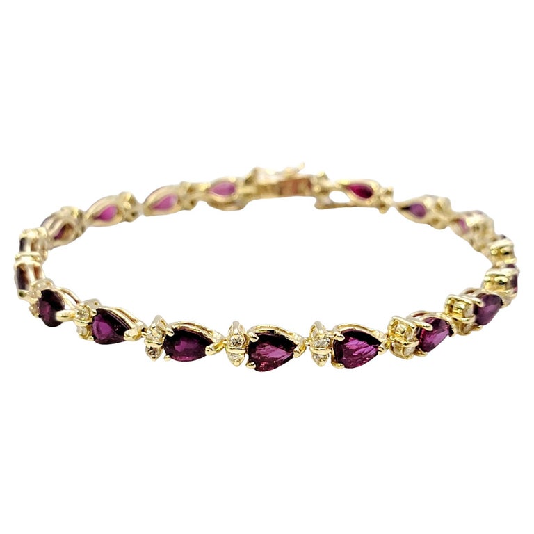 Pear Ruby and Round Diamond Station Line Bracelet in 14 Karat Yellow ...