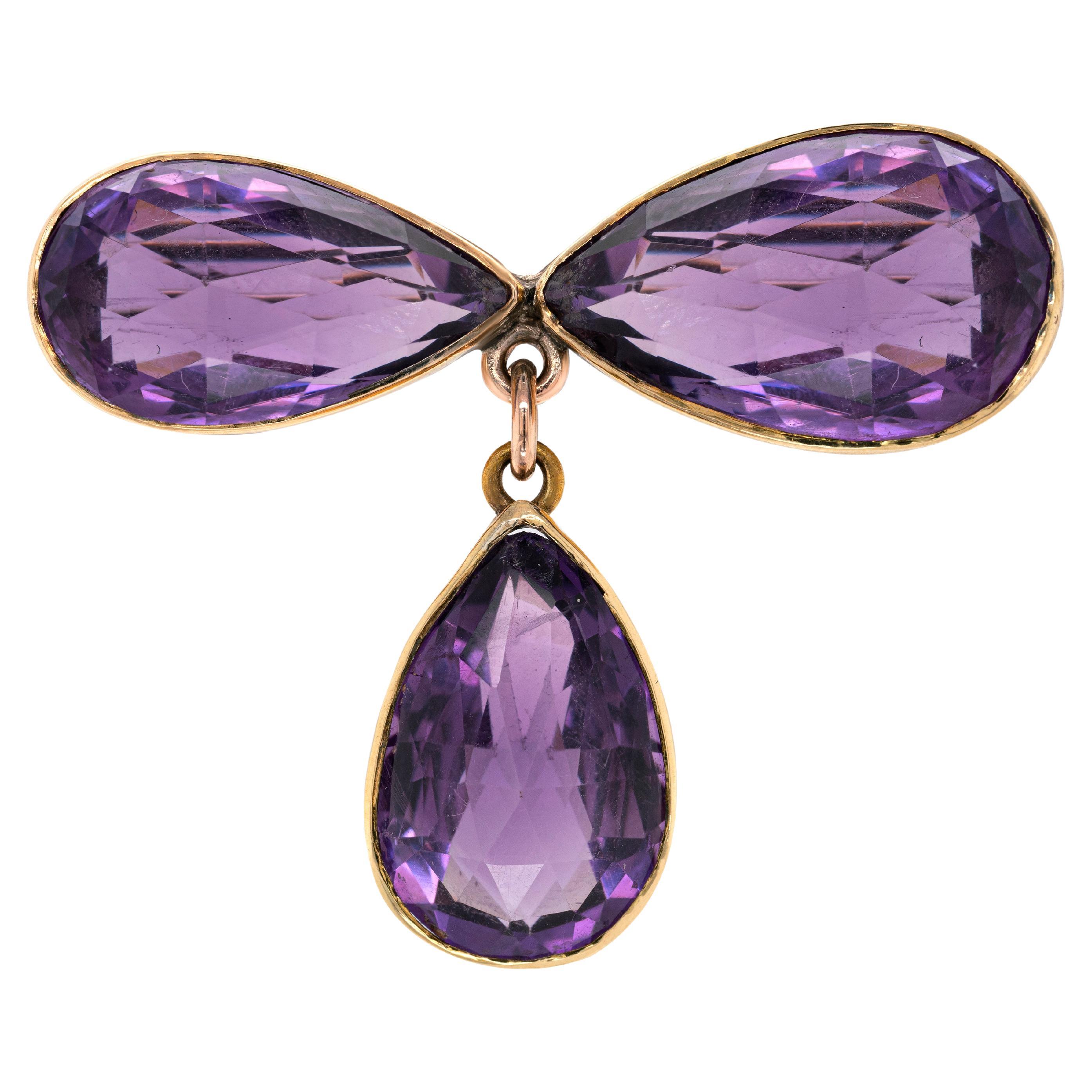 Pear Shape Amethyst 18 Carat Yellow Gold Bow Drop Brooch, circa 1930s ...