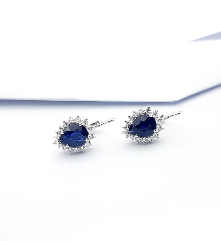 Pear Shape Blue Sapphire with Diamond Earrings Set in 18k White Gold ...