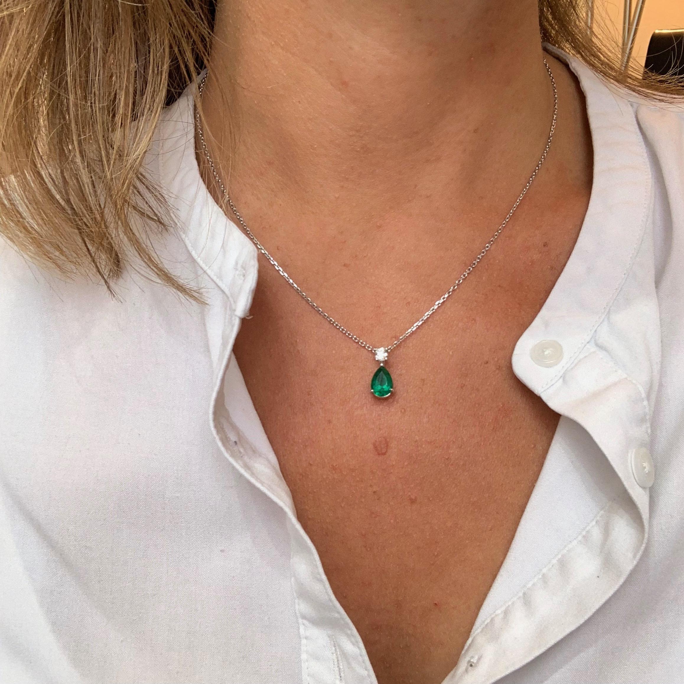 Pear Shape Colombian Emerald Old Cut Diamond Pendant Chain Necklace at ...