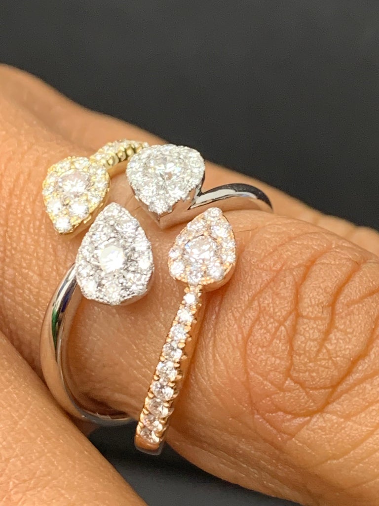 Pear Shape Diamond Halo Bypass Ring in 18K Mix Gold For Sale at 1stDibs
