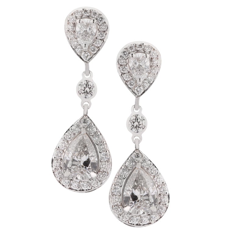 Pear Round Brilliant Diamond Platinum Dangle Drop Earrings at 1stDibs
