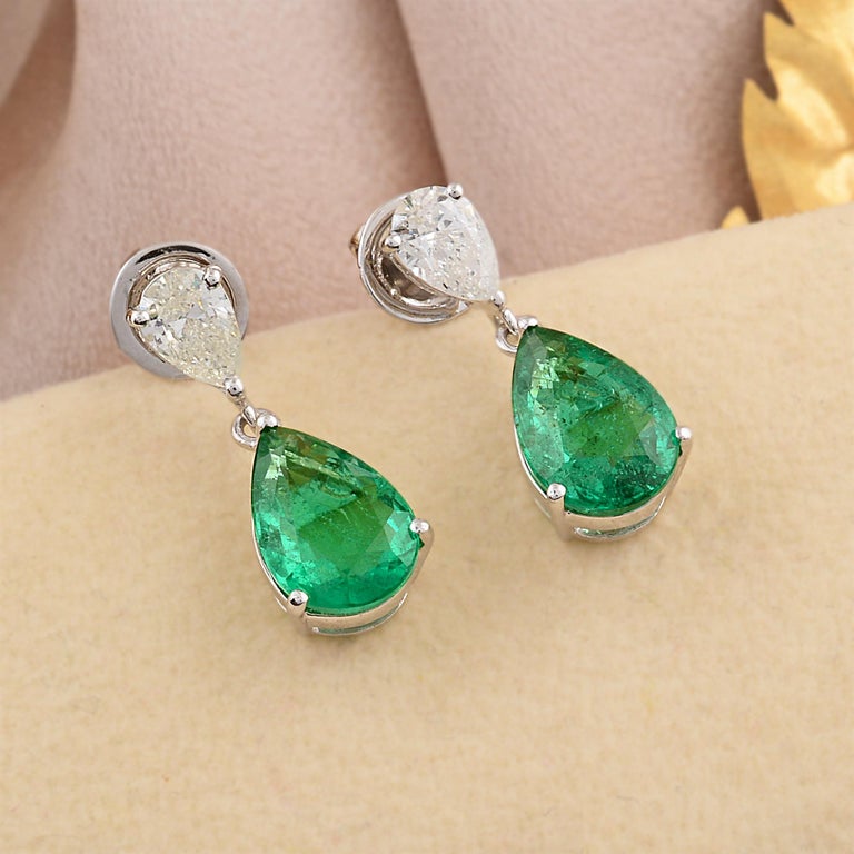 Pear Shape Emerald Gemstone Dangle Earrings Diamond 18 Karat White Gold ...