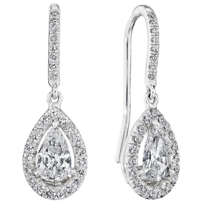 Pear Shape Round Brilliant Cut Diamond Drop Earrings in Platinum at 1stDibs