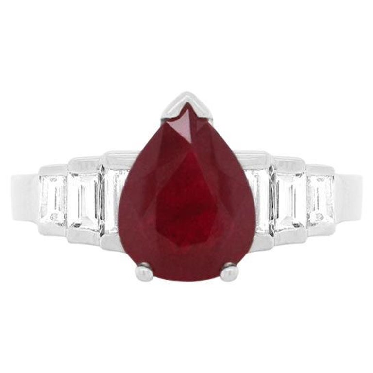 Pear Shape Ruby Baguette Step Diamond Cocktail Engagement Ring 18k ...