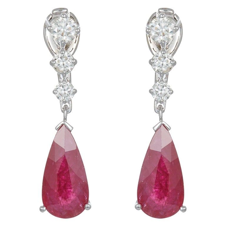 Pear Shape Ruby Drop Dangle Earrings Graduating Round White Diamond 14K ...
