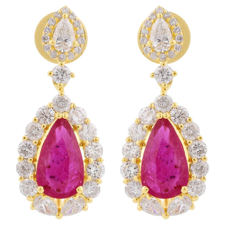 Pear Shape Ruby Gemstone Dangle Earrings Diamond 18 Karat Yellow Gold ...