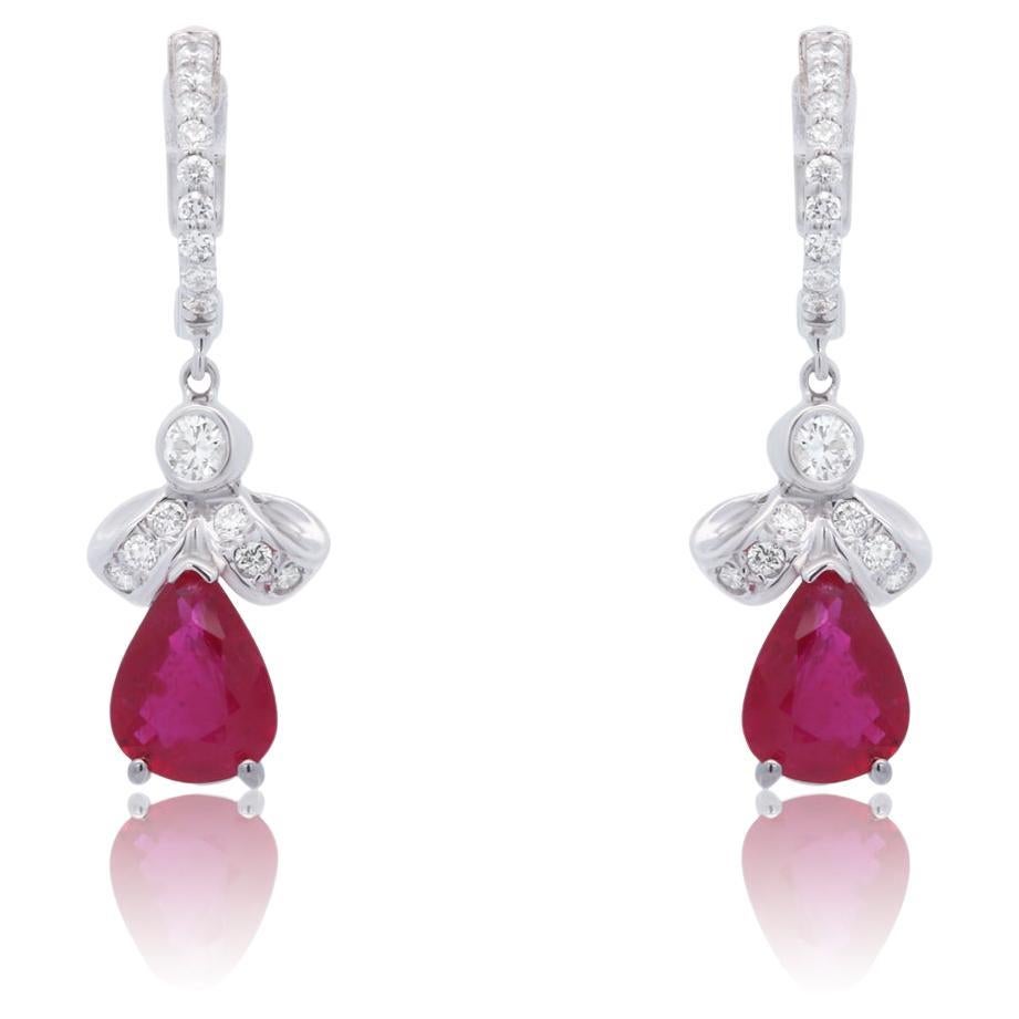 Pear Shape Ruby Gemstone Dangle Earrings Diamond 18 Karat White Gold ...