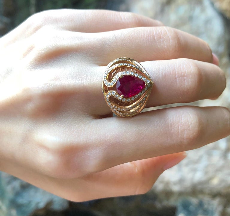 Pear Shape Ruby with Diamond Ring Set in 18 Karat Rose Gold Settings ...