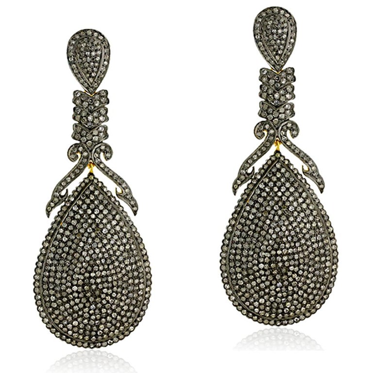 Pear Shaped Black Pave Diamonds Earrings Made in 14k Yellow Gold and ...