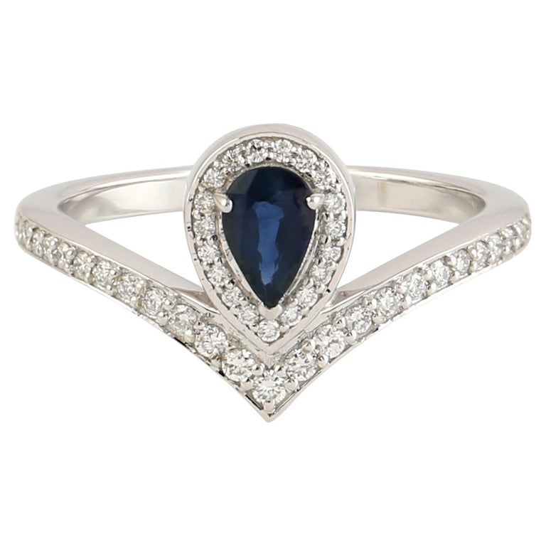 Pear Shaped Blue Sapphire Ring With Pave Diamonds Made in 18k White ...