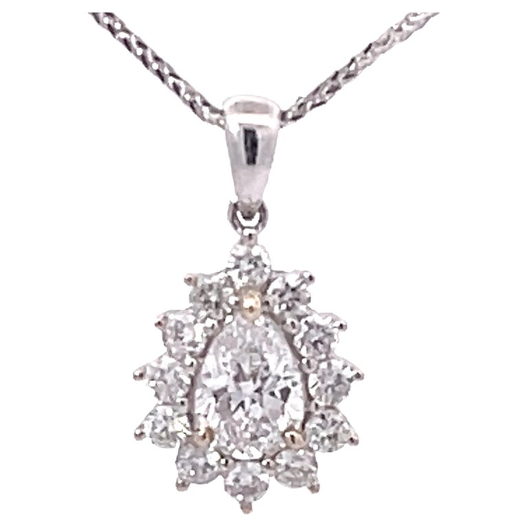 Pear Shaped Diamond Halo Pendant in 18k White Gold with Chain For Sale ...