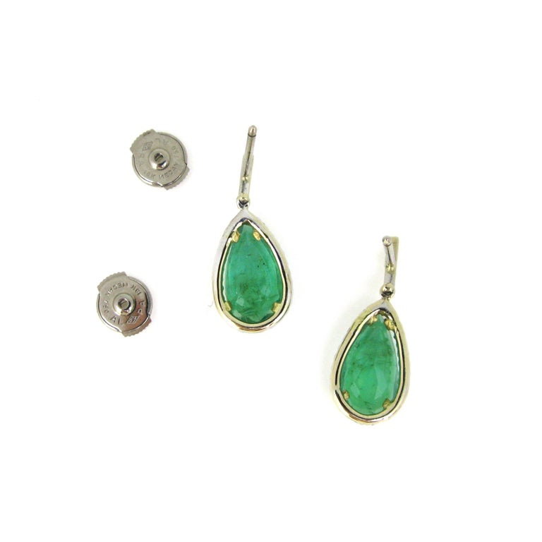 Pear Shaped Emeralds Diamonds Dangle Studs Earrings at 1stDibs
