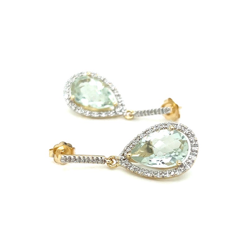 Pear Shaped Prasiolite and Diamond Pendant Earrings in 14K Yellow Gold ...