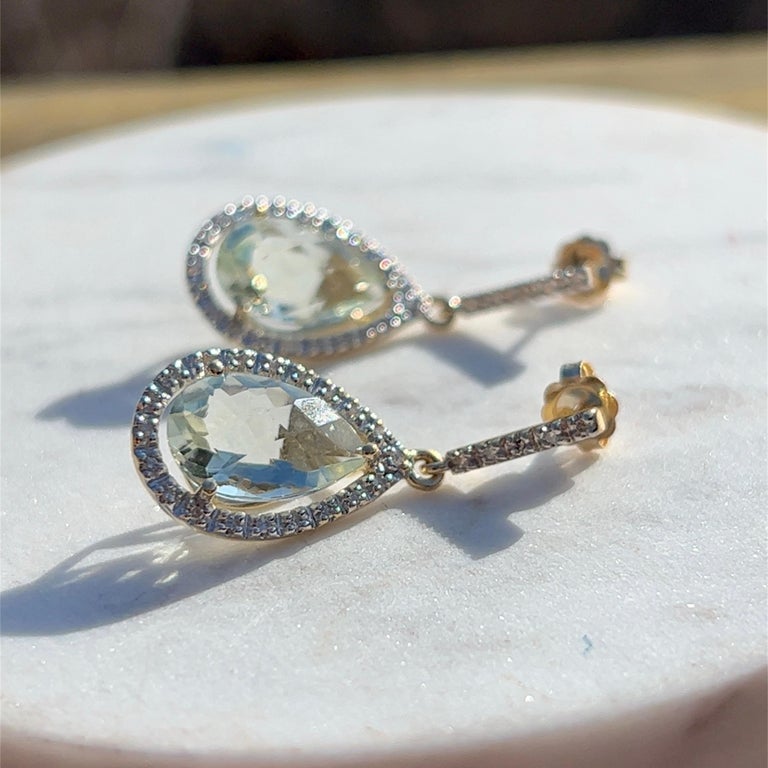 Pear Shaped Prasiolite and Diamond Pendant Earrings in 14K Yellow Gold ...
