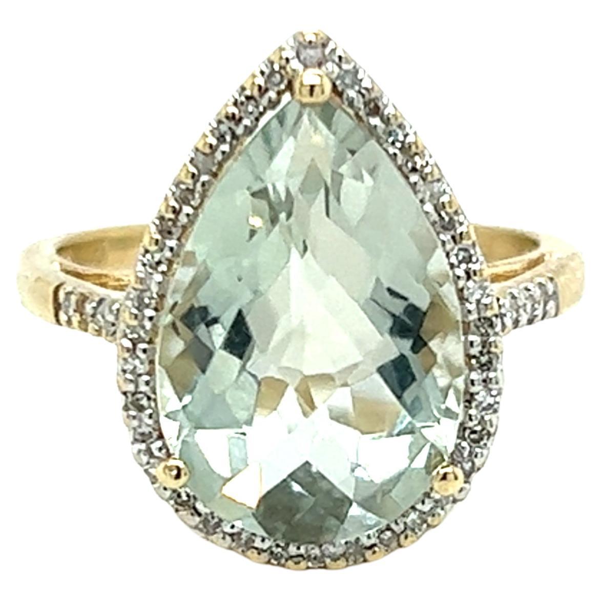 Pear Shaped Green Amethyst and Diamond Ring in 14K Gold For Sale at 1stDibs