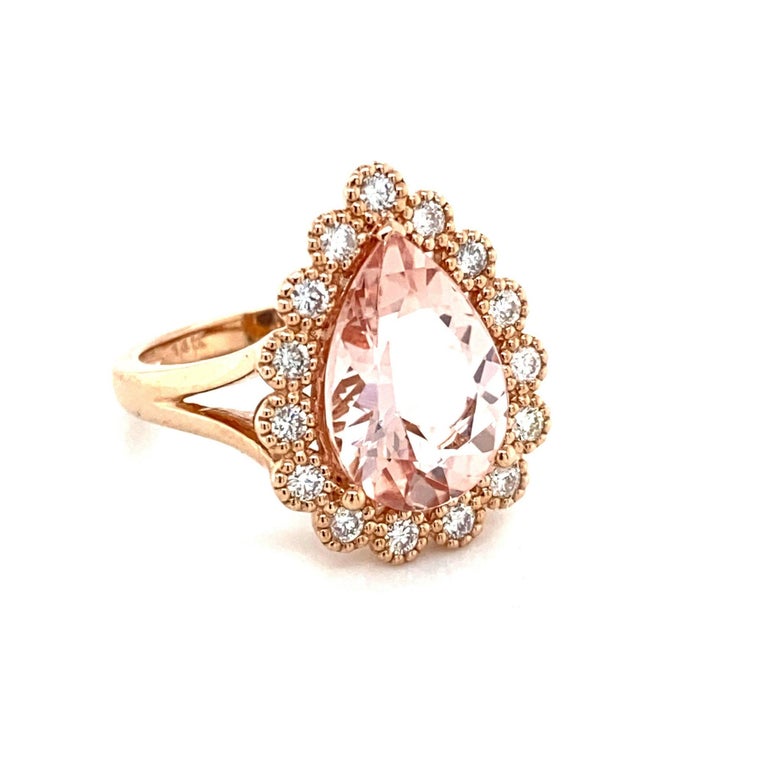Pear Shaped Natural Morganite and Diamond Halo Ring For Sale at 1stDibs