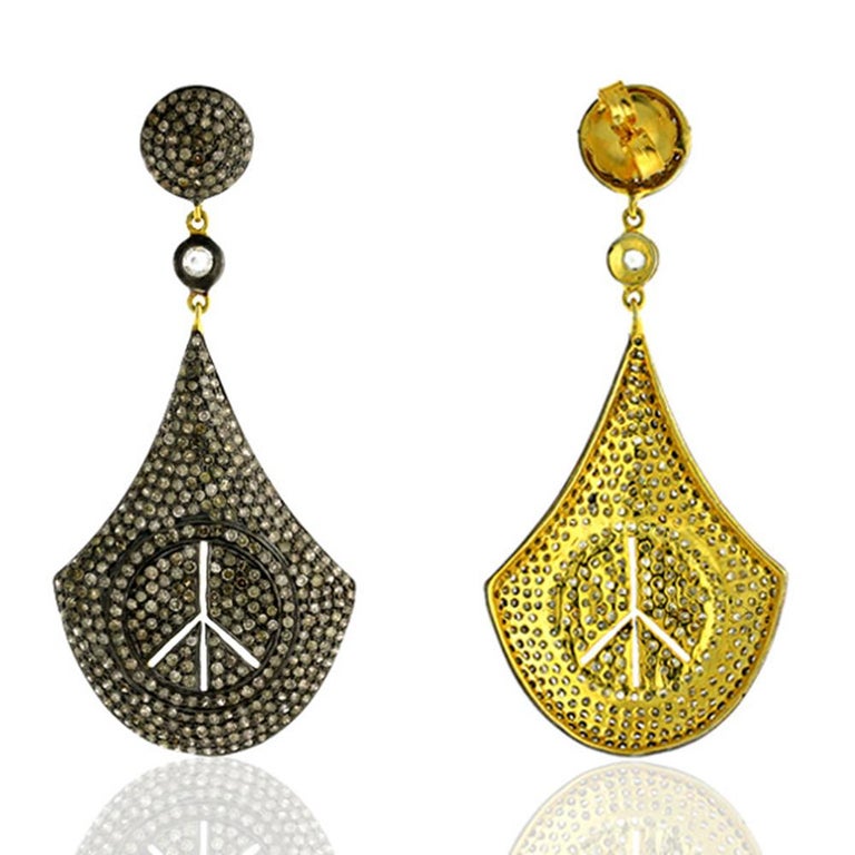 Pear Shaped Pave Diamond Earrings with Peace Sign in 18k Yellow Gold ...