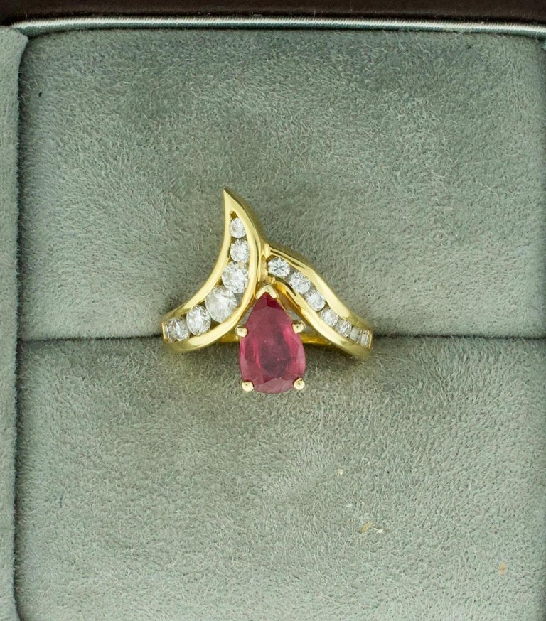 Pear Shaped Ruby and Diamond Ring in 18 Karat For Sale at 1stDibs