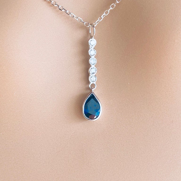 Pear Shaped Sapphire and Diamond Lariat Drop Gold Necklace Pendant For Sale at 1stDibs