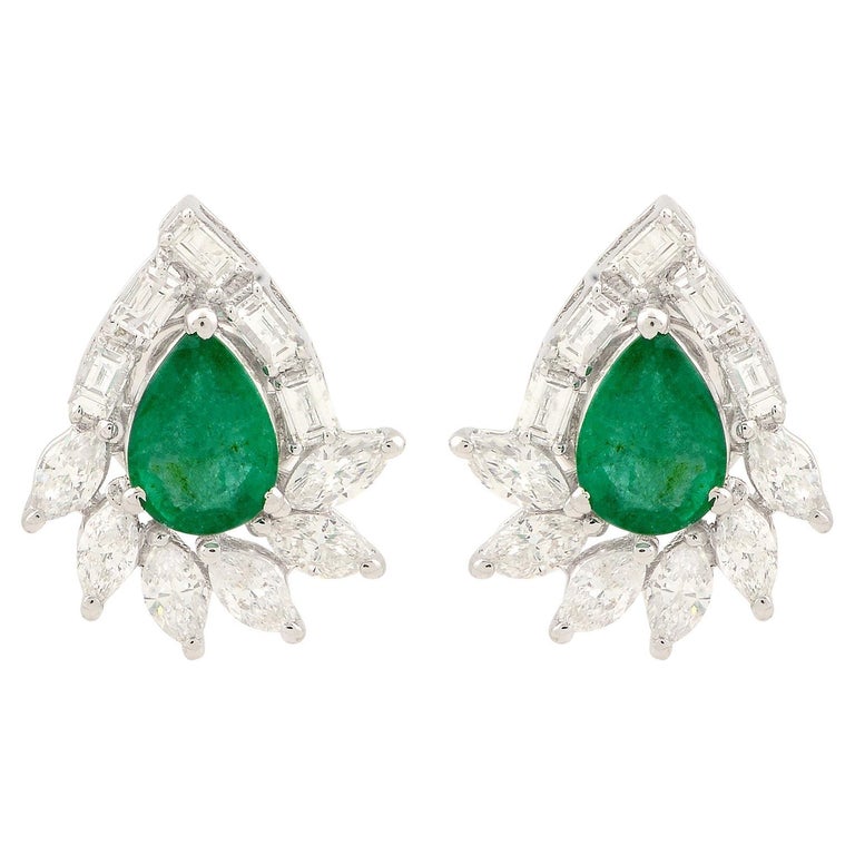 Pear Natural Emerald Fine Stud Earrings Diamond 14k White Gold Handmade ...