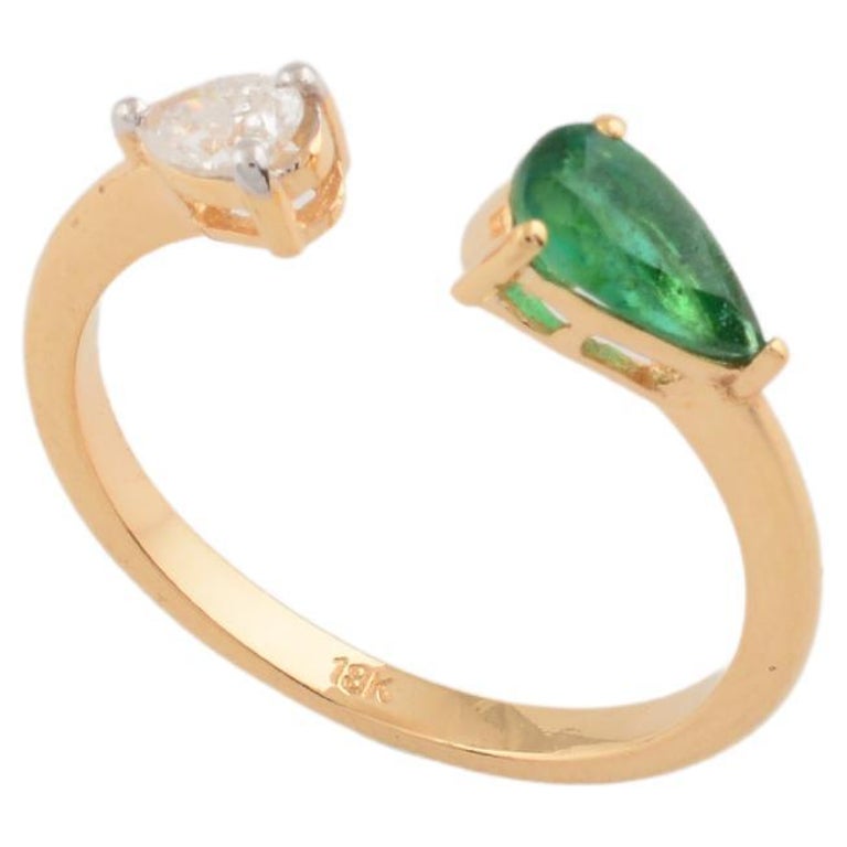 Pear Natural Emerald Gemstone Cuff Ring Diamond 18 Karat Yellow Gold ...