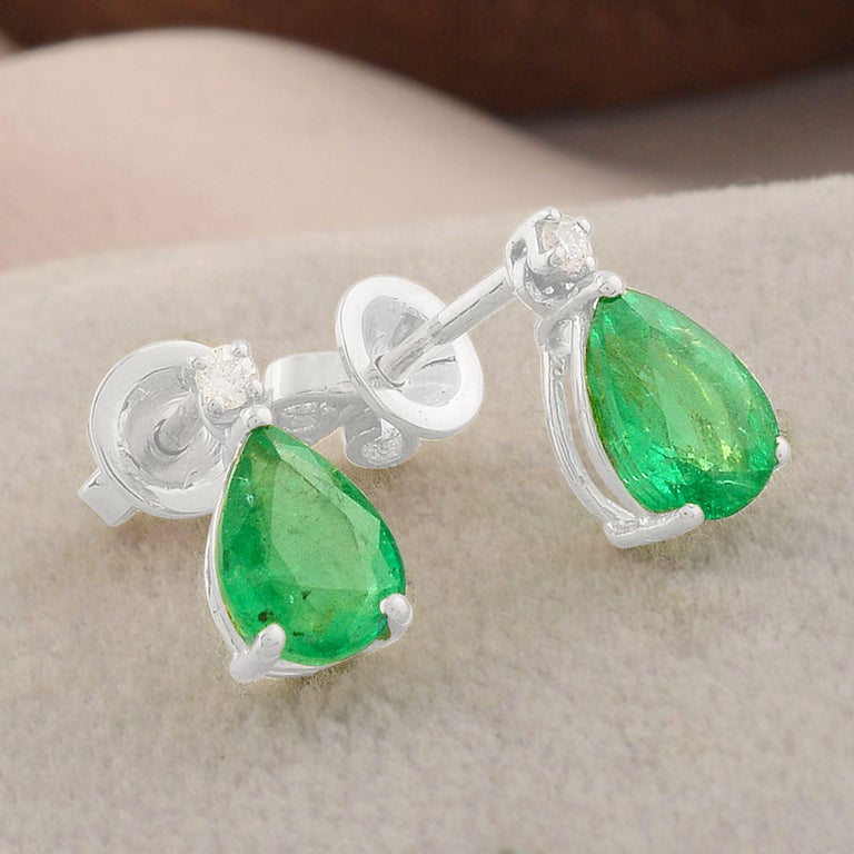 Pear Natural Emerald Gemstone Stud Earrings Diamond 14 Karat White Gold ...