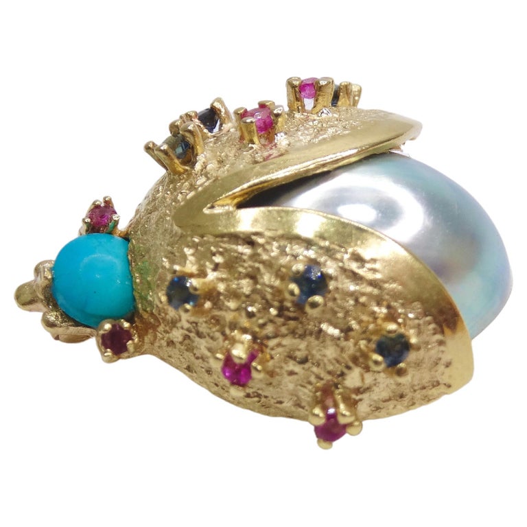 Pearl and 14k Gold Ladybug Brooch For Sale at 1stDibs