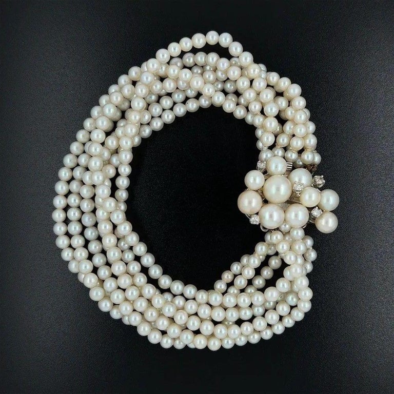 Pearl and Diamond 7 Row Strand Vintage Gold Bracelet For Sale at 1stDibs