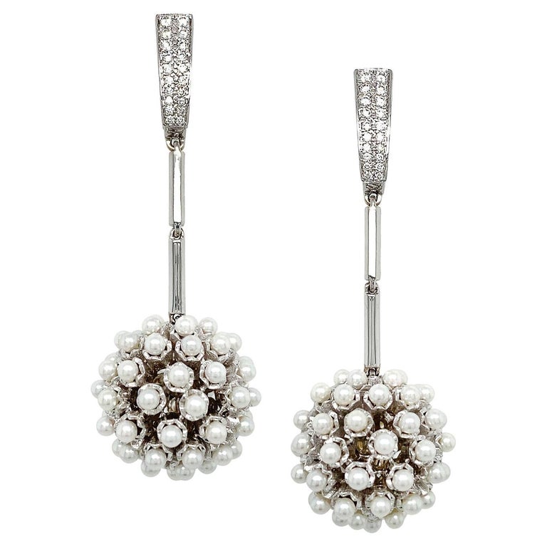 Pearl and Diamond Ball Drop Earrings For Sale at 1stDibs