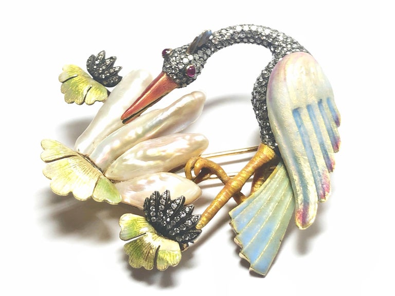 Pearl and Diamond Crane Bird Brooch at 1stDibs