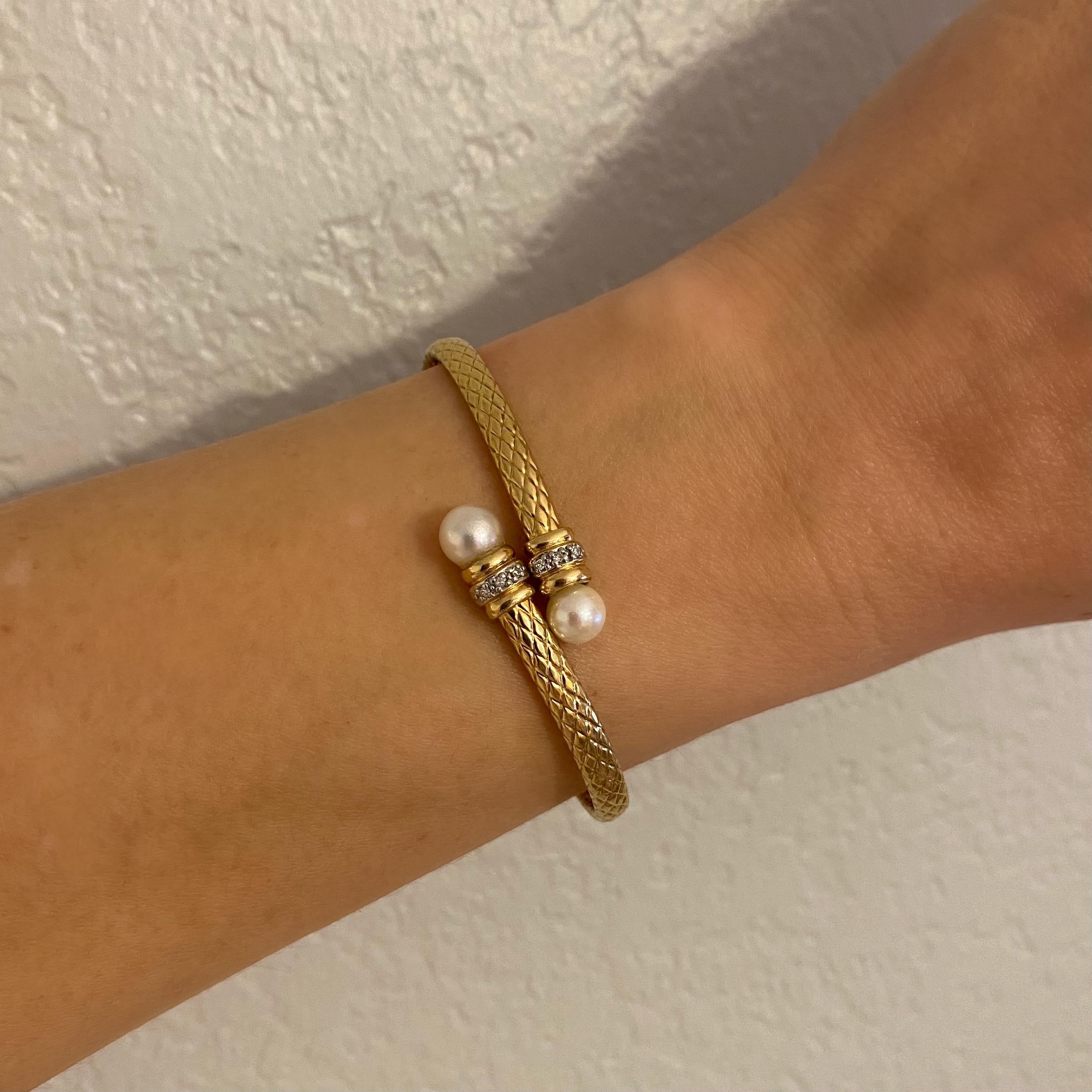Pearl and Diamond Flexible Gold Bypass Bracelet Estate Fine Jewelry at ...