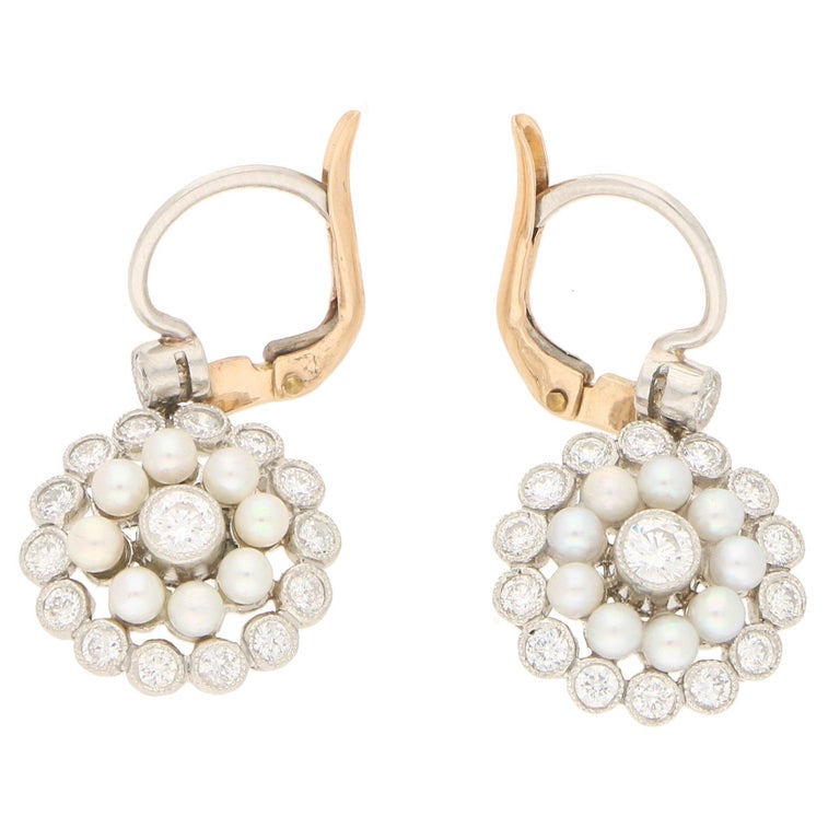 Pearl and Diamond Lever-Back Cluster Drop Earrings Set in 18 Karat Gold ...