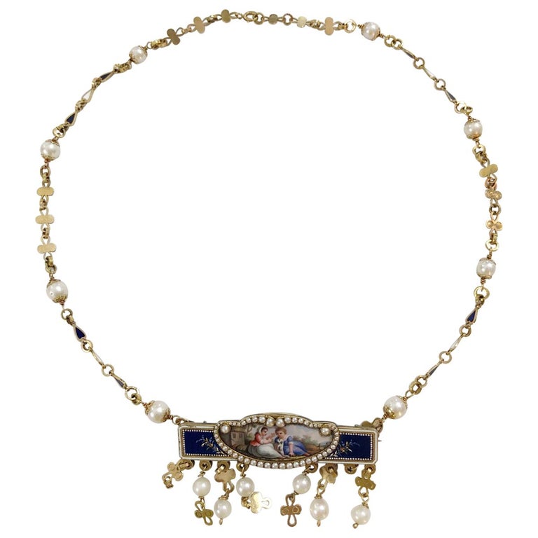 Pearl and Enamel Miniature Necklace For Sale at 1stDibs