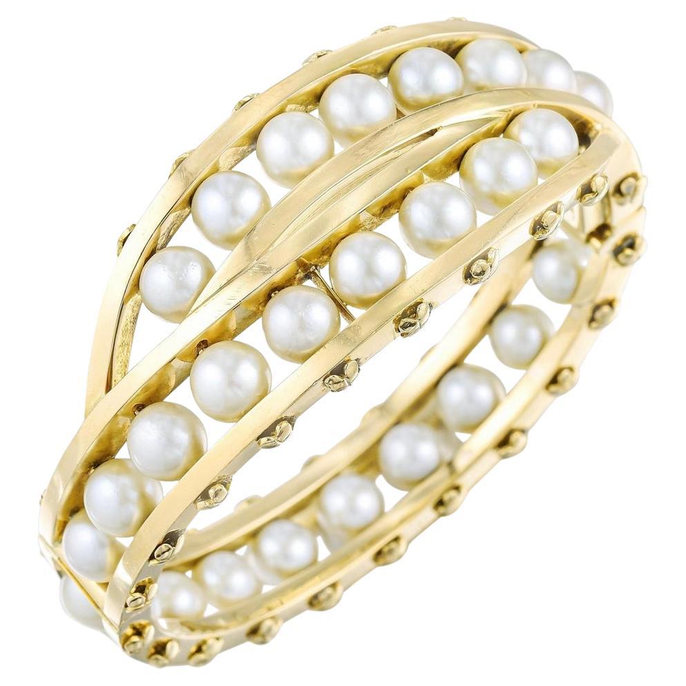 Edwardian Pearl Gold Bangle Bracelet For Sale at 1stDibs